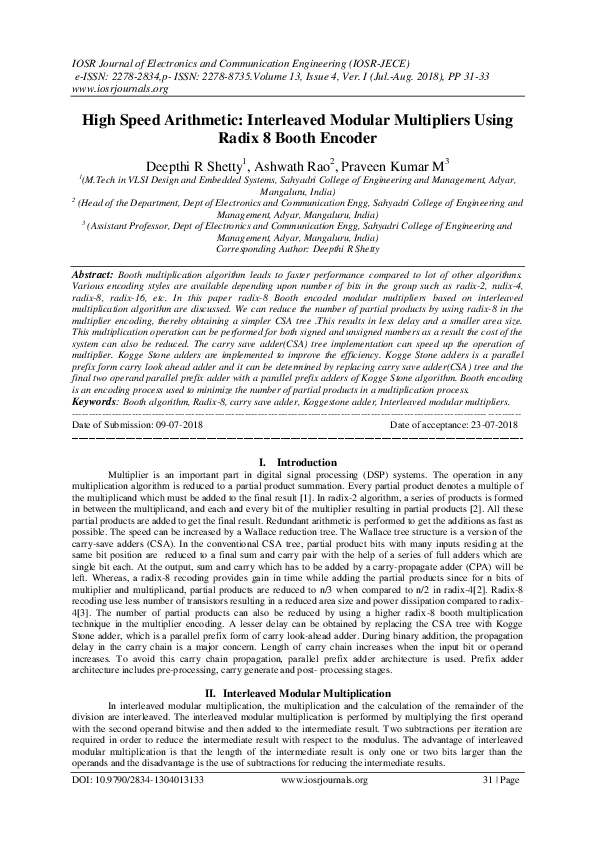 Pdf High Speed Arithmetic Interleaved Modular Multipliers Using Radix 8 Booth Encoder