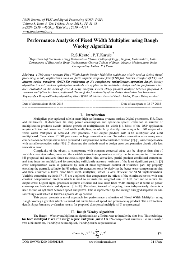 Pdf Performance Analysis Of Fixed Width Multiplier Using Baugh Wooley Algorithm