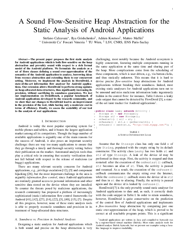 Pdf A Sound Flow Sensitive Heap Abstraction For The Static Analysis Of Android Applications