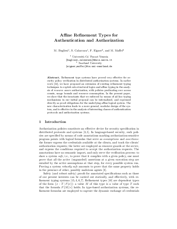 (PDF) Affine Refinement Types for Authentication and Authorization