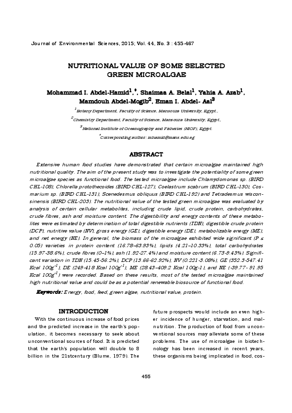 (PDF) NUTRITIONAL VALUE OF SOME SELECTED UTRITIONAL VALUE OF SOME SELECTED GREEN MICROALGAE.pdf