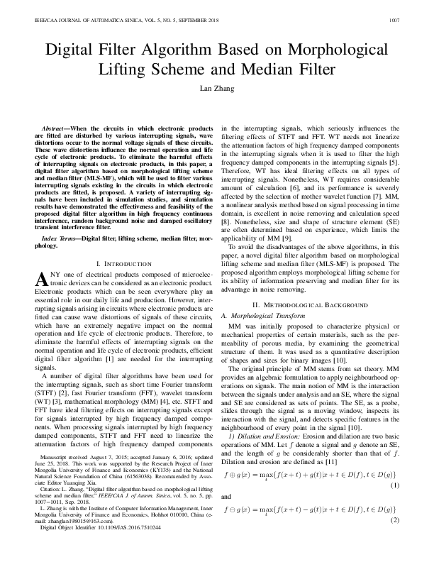 (PDF) Digital Filter Algorithm Based on Morphological Lifting Scheme ...