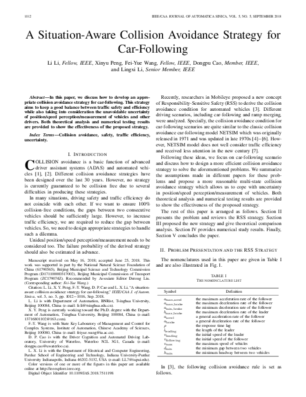 (PDF) A Situation-Aware Collision Avoidance Strategy for Car-Following