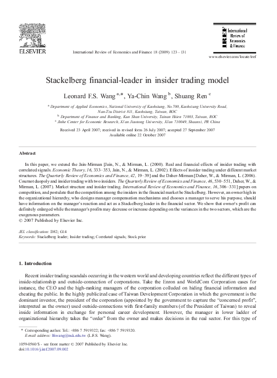 (PDF) Stackelberg financial-leader in insider trading model