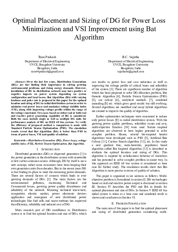 Pdf Optimal Placement And Sizing Of Dg For Power Loss Minimization And Vsi Improvement Using