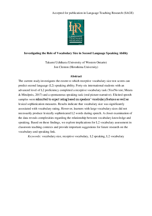 (PDF) Investigating the Role of Vocabulary Size in Second Language Speaking Ability