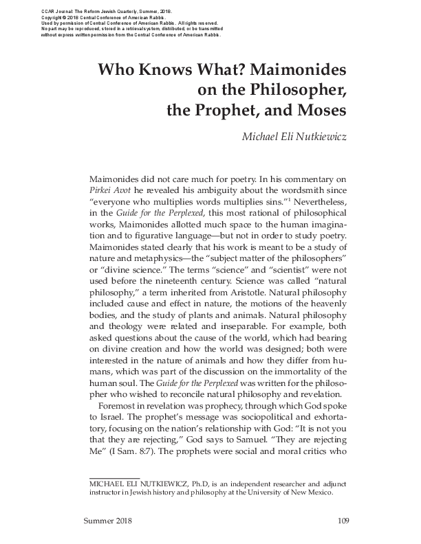 (PDF) Who Knows What? Maimonides on the Philosopher, the Prophet, and Moses