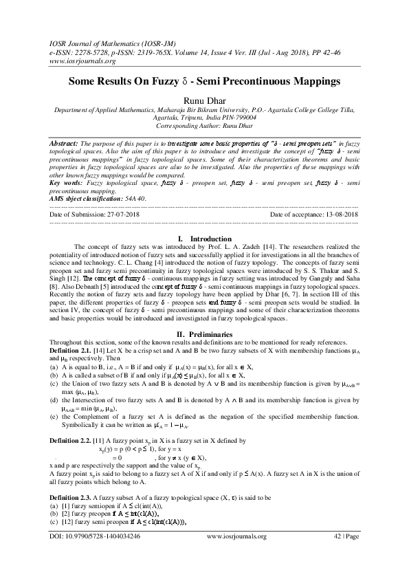 (PDF) Some Results On Fuzzy δ -Semi Precontinuous Mappings