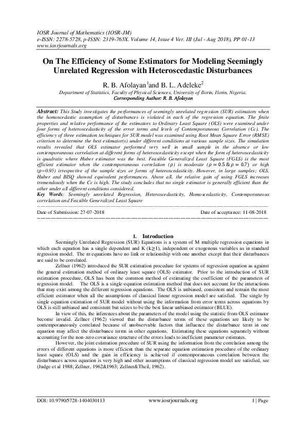 Pdf On The Efficiency Of Some Estimators For Modeling Seemingly Unrelated Regression With