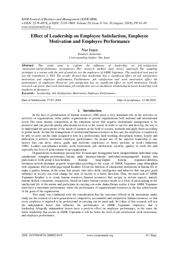 (PDF) Effect of Work Environment, Work Satisfaction and Work Motivation on The Performance of ...