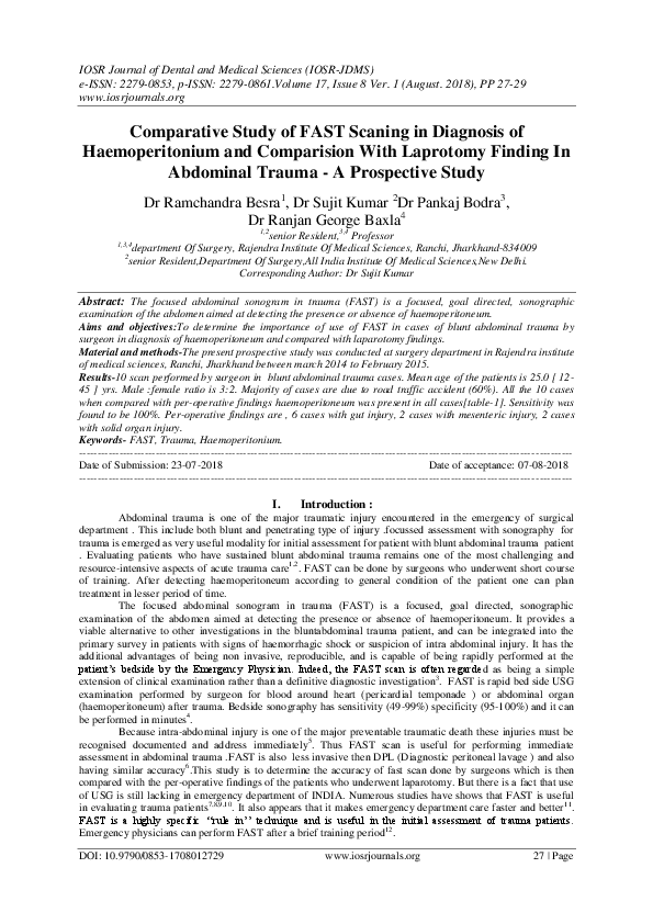 (PDF) Comparative Study of FAST Scaning in Diagnosis of Haemoperitonium ...
