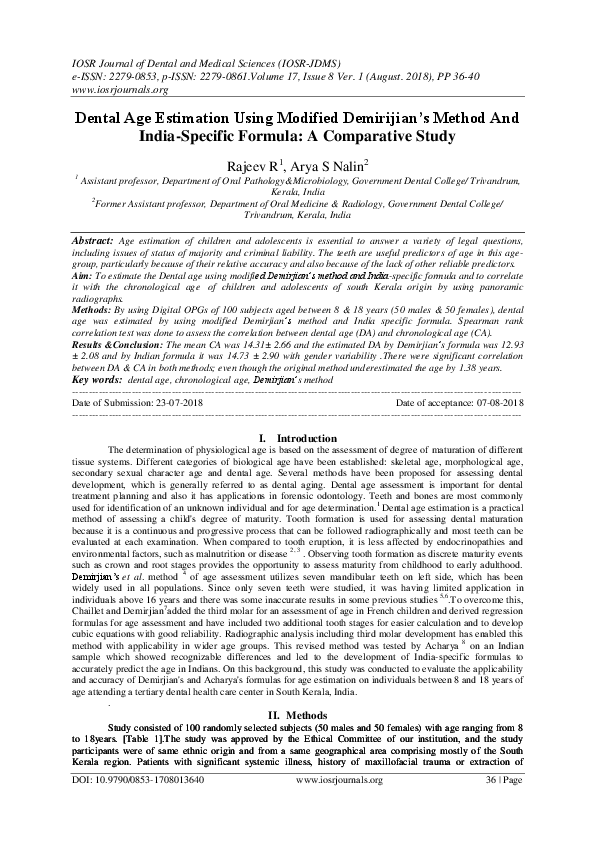 Pdf Dental Age Estimation Using Modified Demirijians Method And India Specific Formula A