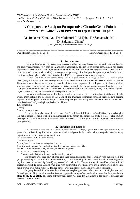 (PDF) A Comparative Study on Postoperative Chronic Groin Pain in 'Suture' Vs 'Glue' Mesh ...