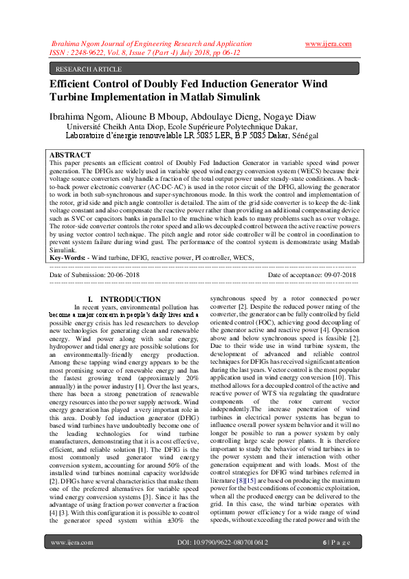 Pdf Efficient Control Of Doubly Fed Induction Generator Wind Turbine Implementation In Matlab