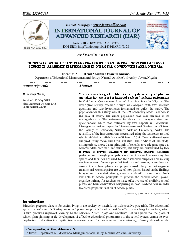 (PDF) PRINCIPALS? SCHOOL PLANT PLANNING AND UTILIZATION PRACTICES FOR ...