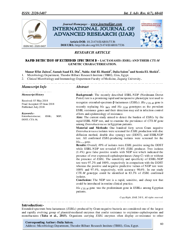(PDF) RAPID DETECTION OF EXTENDED SPECTRUM Β ? LACTAMASES (ESBL) AND ...