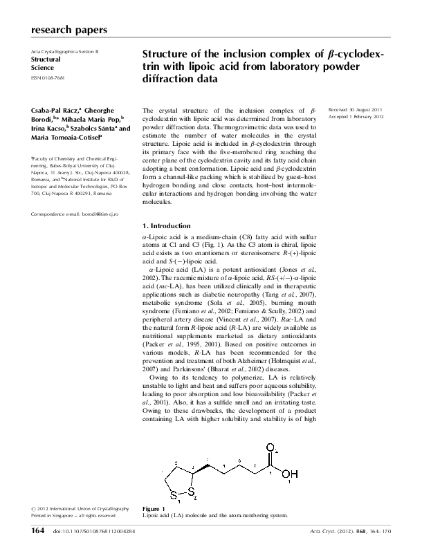 Pdf Structure Of The Inclusion Complex Of β Cyclodextrin With Lipoic