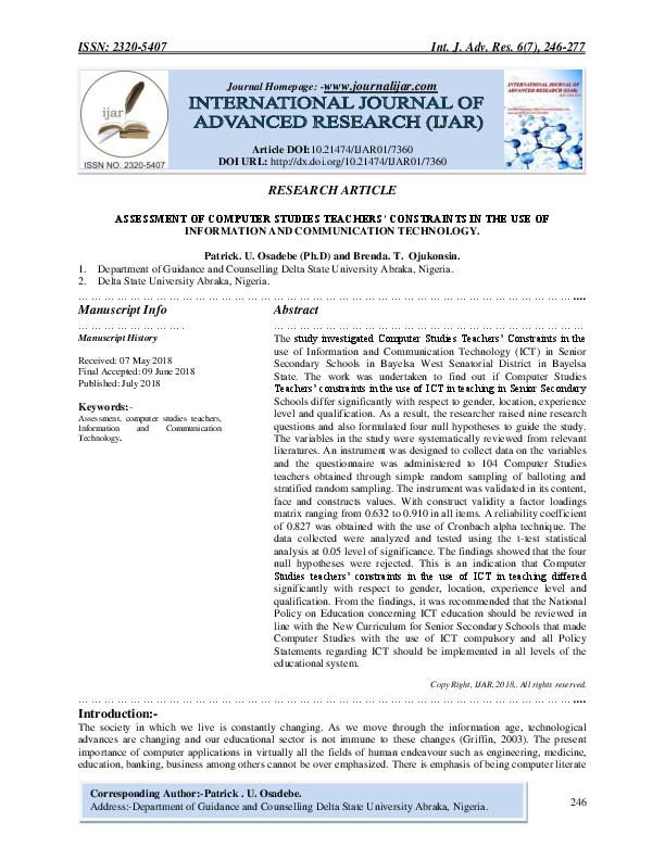 (PDF) ASSESSMENT OF COMPUTER STUDIES TEACHERS? CONSTRAINTS IN THE USE ...