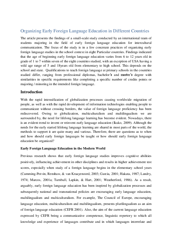 (PDF) Organising early foreign language education in different countries