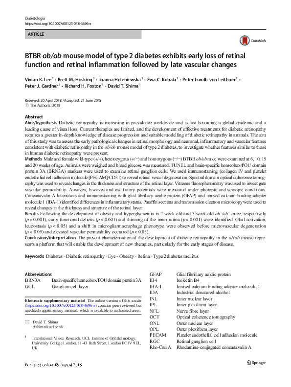 (PDF) BTBR ob/ob mouse model of type 2 diabetes exhibits early loss of ...
