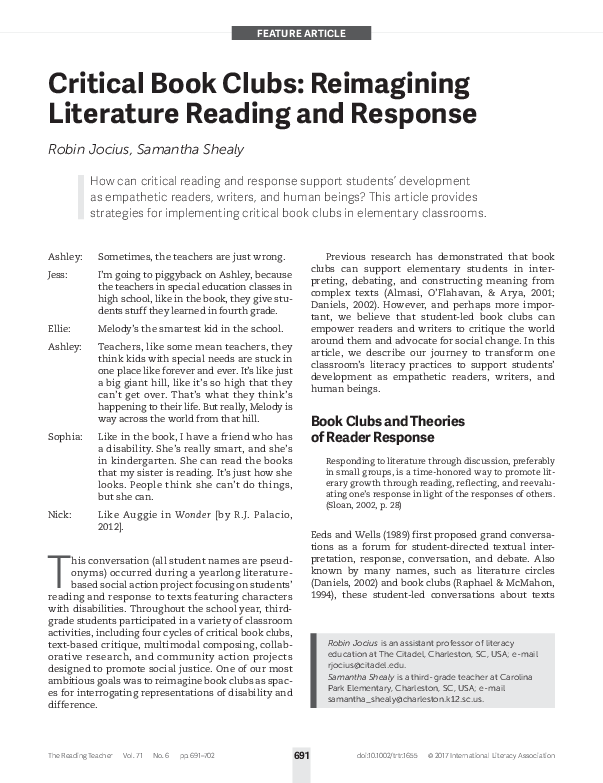 (PDF) Critical Book Clubs: Reimagining Literature Reading and Response