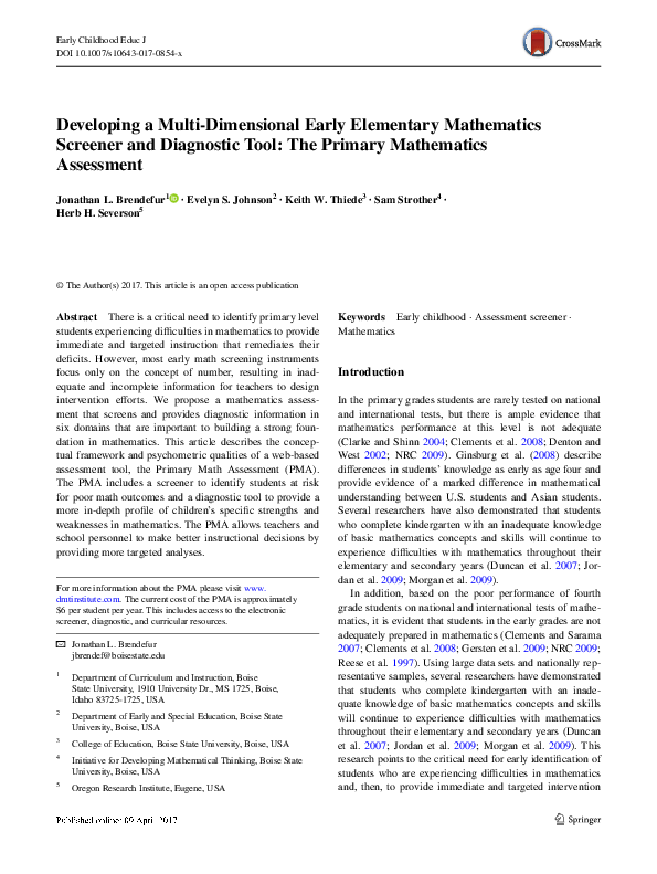 (PDF) Developing a Multi-Dimensional Early Elementary Mathematics ...