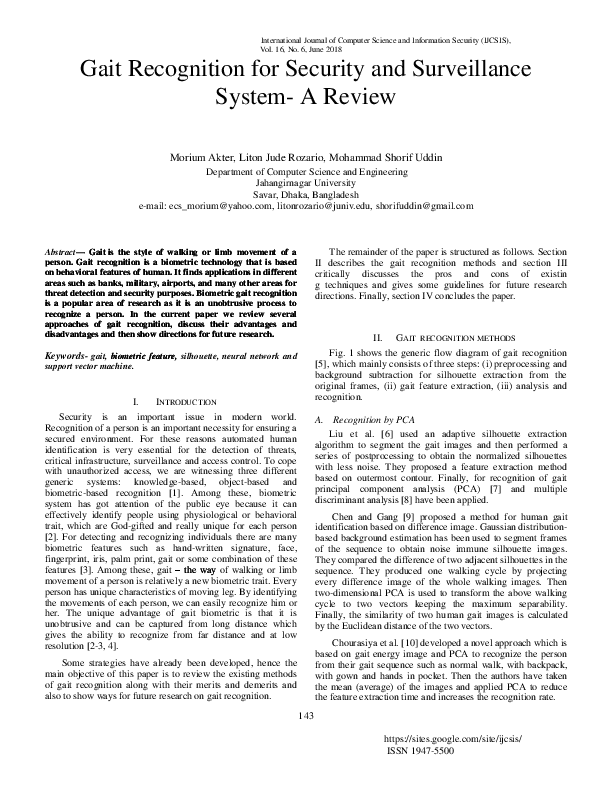 (PDF) Gait Recognition for Security and Surveillance System-A Review
