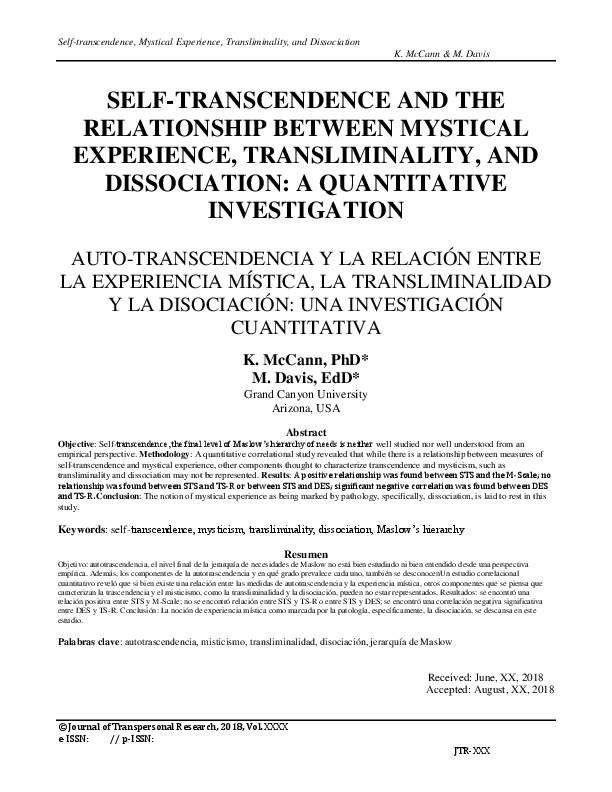 (DOC) SELF-TRANSCENDENCE AND THE RELATIONSHIP BETWEEN MYSTICAL ...