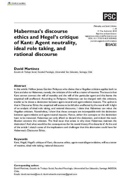 (PDF) Habermas’s Discourse Ethics and Hegel’s Critique of Kant: agent ...