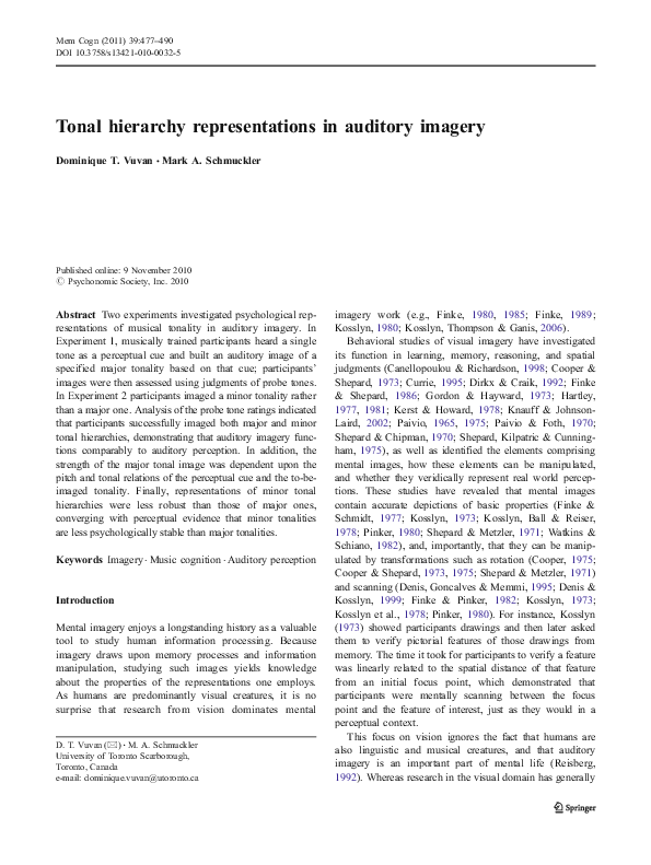 (PDF) Tonal hierarchy representations in auditory imagery