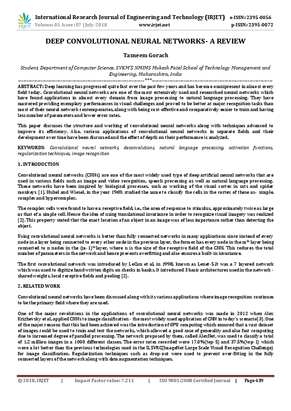 (PDF) IRJET- DEEP CONVOLUTIONAL NEURAL NETWORKS-A REVIEW