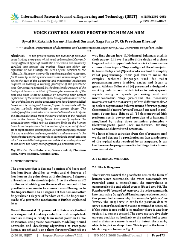 (PDF) IRJET- VOICE CONTROL BASED PROSTHETIC HUMAN ARM