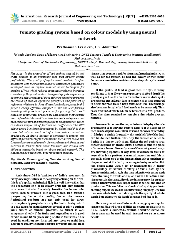 (PDF) IRJET- Tomato grading system based on colour models by using neural network