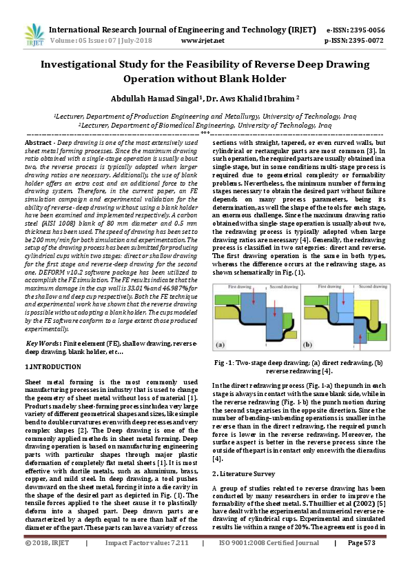 (PDF) IRJET- Investigational Study for the Feasibility of Reverse Deep Drawing Operation without ...