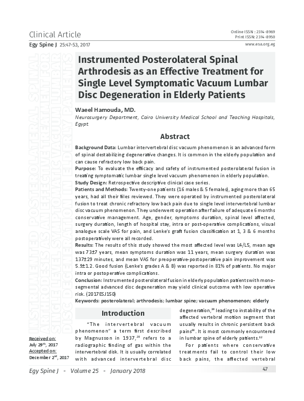 (PDF) Instrumented Posterolateral Spinal Arthrodesis as an Effective ...