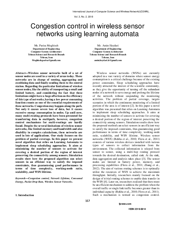 (PDF) Congestion control in wireless sensor networks using learning automata