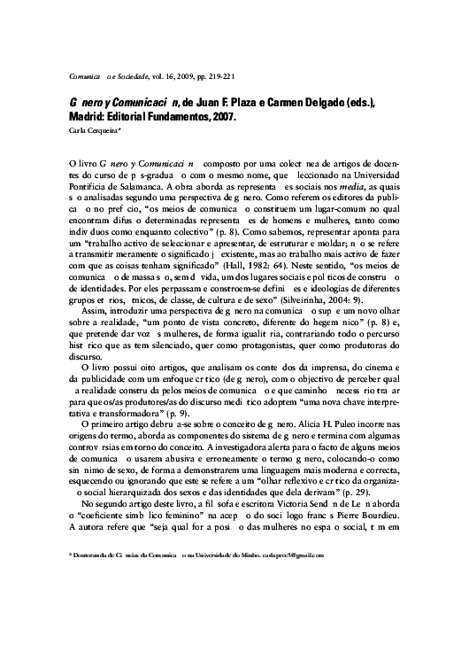 (PDF) Recensão do livro Género y Comunicación, de Juan F. Plaza e ...