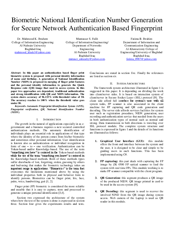 (PDF) Biometric National Identification Number Generation for Secure ...