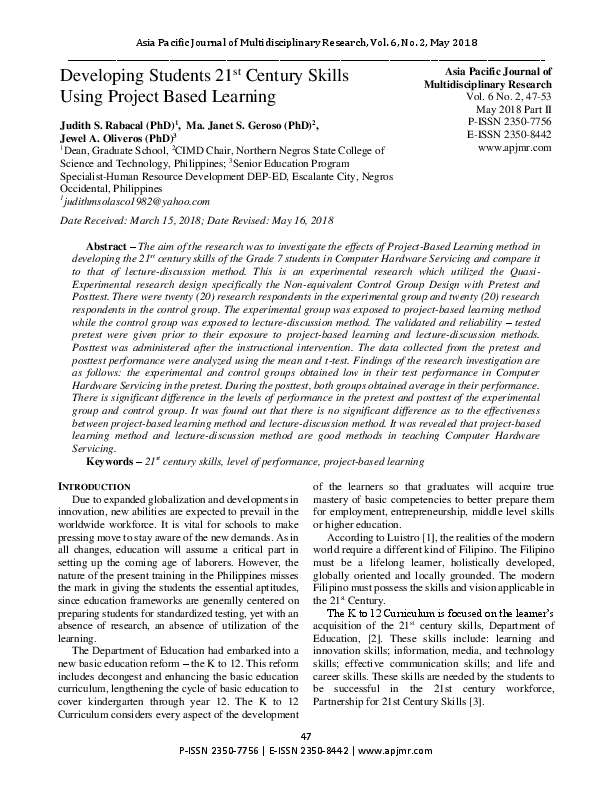 (PDF) Developing Students 21 st Century Skills Using Project Based Learning