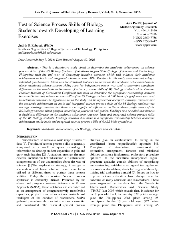 (PDF) Test of Science Process Skills of Biology Students towards ...