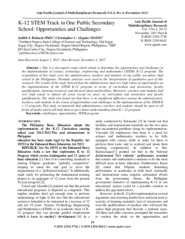 (PDF) K-12 STEM Track in One Public Secondary School: Opportunities and ...