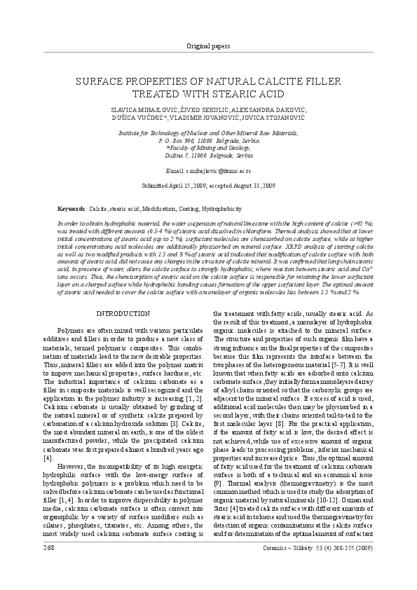 (PDF) SURFACE PROPERTIES OF NATURAL CALCITE FILLER TREATED WITH STEARIC ...