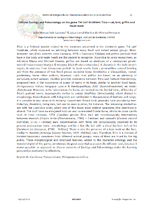 (PDF) Cultural Zoology and Paleontology on the game THE LAST GUARDIAN ...