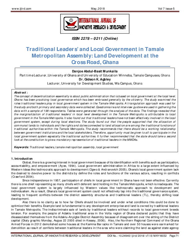 (PDF) Traditional Leaders' and Local Government in Tamale Metropolitan ...