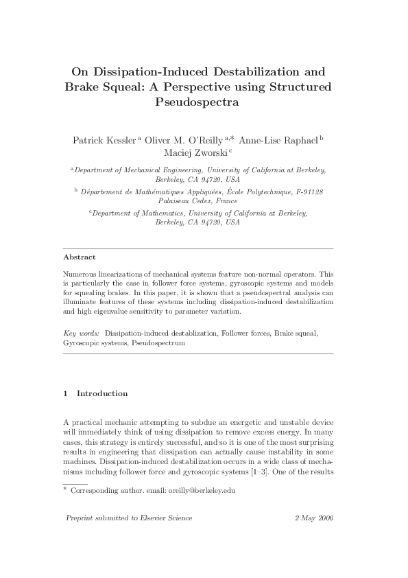 (PDF) On dissipation-induced destabilization and brake squeal: A perspective using structured ...