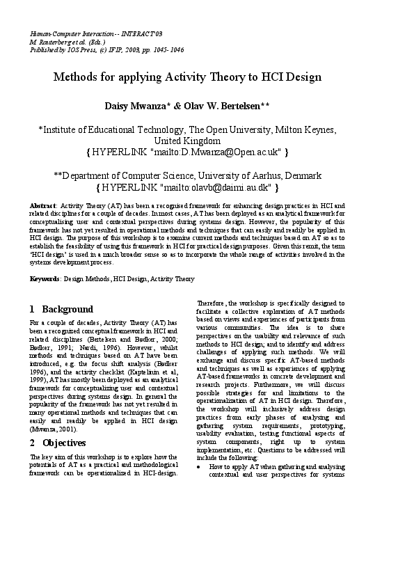 (PDF) Methods for applying Activity Theory to HCI Design