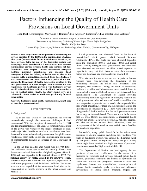 (PDF) Factors Influencing the Quality of Health Care Provisions on ...