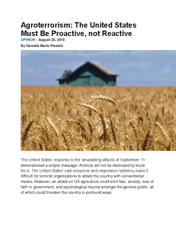(DOC) Agroterrorism: The United States Must Be Proactive, not Reactive