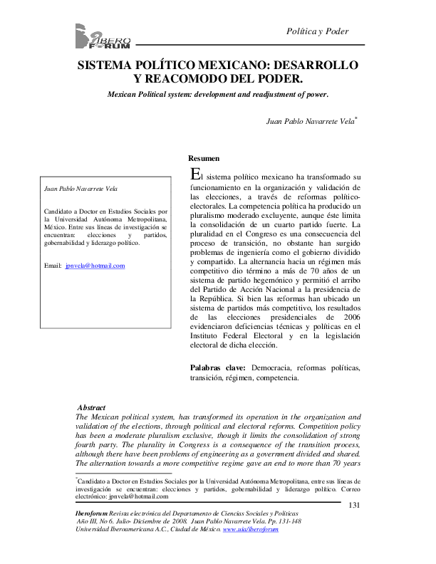 (PDF) Artículo. Sistema político mexicano: desarrollo y reacomodo del ...