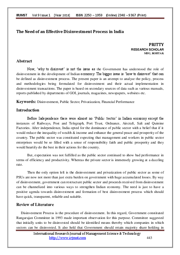 (PDF) The Need of an Effective Disinvestment Process in India